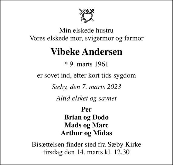 Vibeke Andersen | Dødsannoncer i Danmark