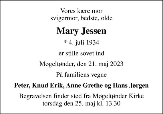 Mary Jensine Jensen Jessen | Dødsannoncer i Danmark