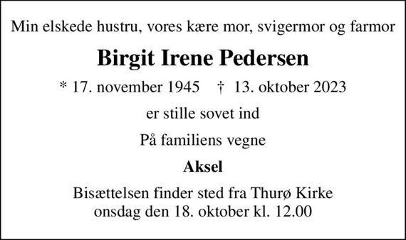 Birgit Irene Pedersen | Dødsannoncer i Danmark