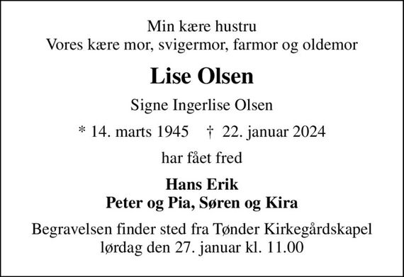 Signe Ingerlise Olsen | Dødsannoncer i Danmark