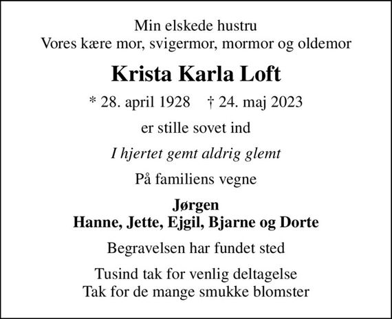 Krista Karla Loft | Dødsannoncer i Danmark
