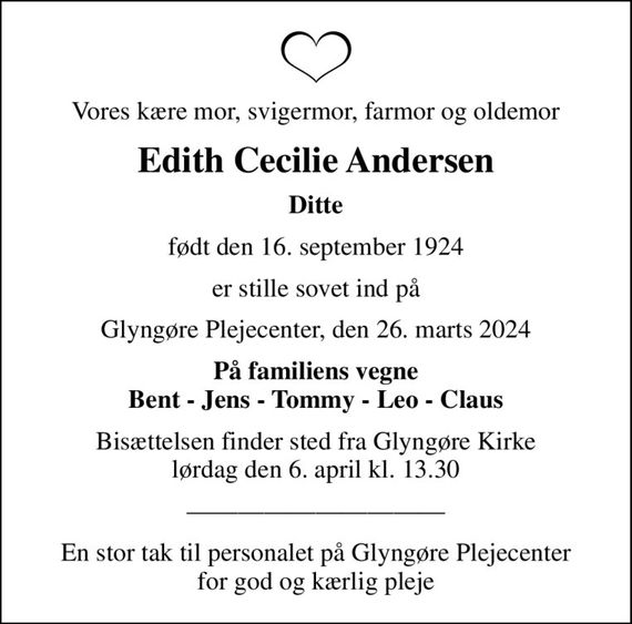 Edith Cecilie Andersen | Dødsannoncer i Danmark