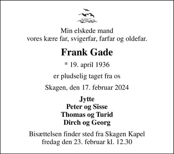 Frank Gade | Dødsannoncer i Danmark