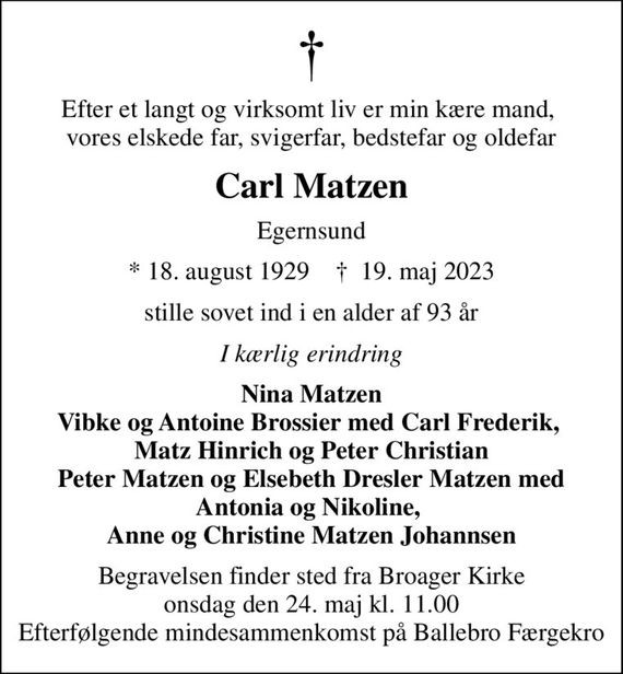 Carl Matzen | Dødsannoncer i Danmark