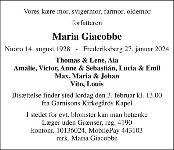 Maria Francesca Giacobbe Harder | Dødsannoncer i Danmark