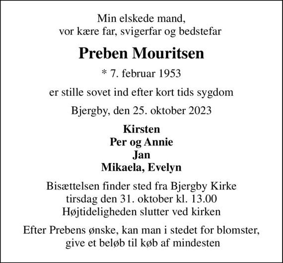 Preben Mouritsen | Dødsannoncer i Danmark