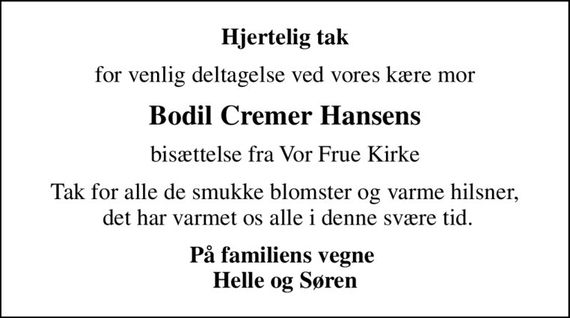 Bodil Cremer Hansen | Dødsannoncer i Danmark