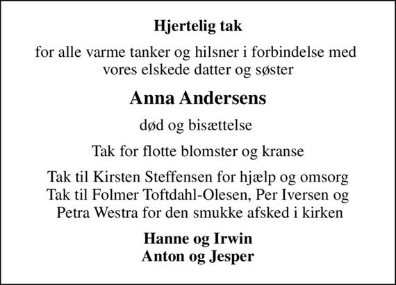 Anna Andersen | Dødsannoncer i Danmark