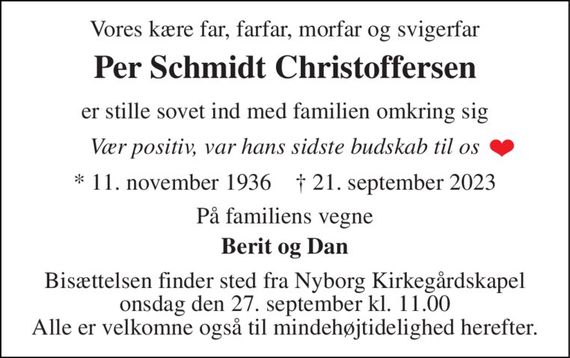 Per Schmidt Christoffersen | Dødsannoncer i Danmark