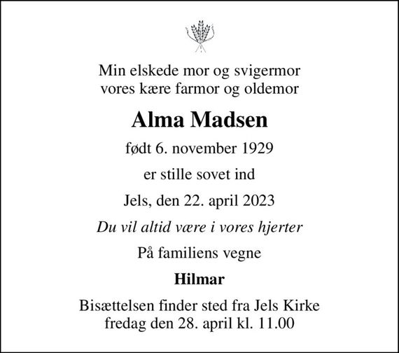 Alma Madsen | Dødsannoncer i Danmark