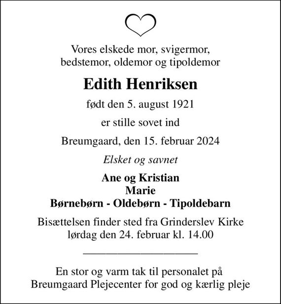 Edith Alvilda Henriksen | Dødsannoncer i Danmark