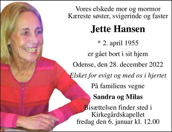 Jette Hansen | Dødsannoncer i Danmark