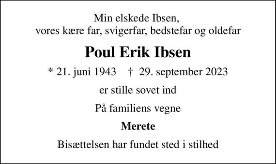 Poul Erik Ibsen | Dødsannoncer i Danmark