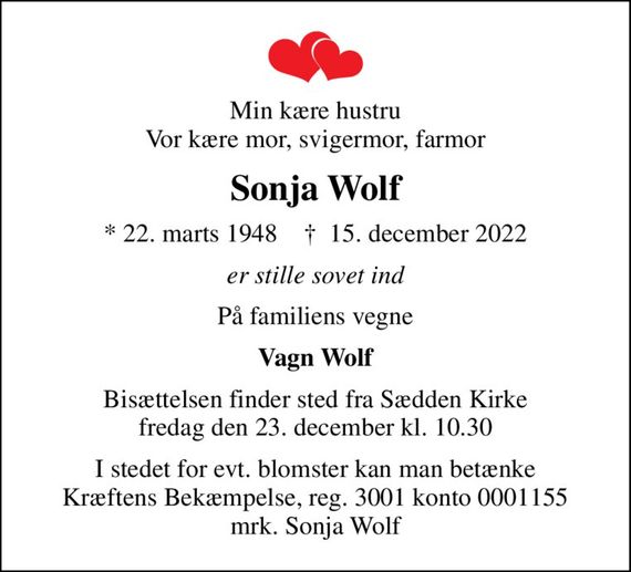 Sonja Wolf | Dødsannoncer i Danmark