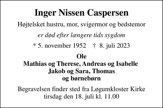 Inger Caspersen | Dødsannoncer i Danmark