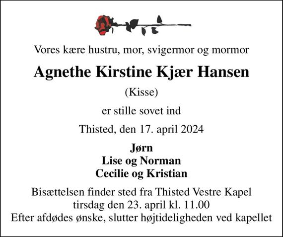 Agnethe Kirstine Kjær Hansen | Dødsannoncer i Danmark