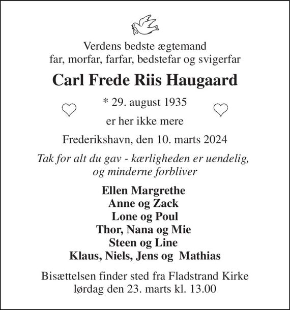 Carl Frede Riis Haugaard | Dødsannoncer i Danmark