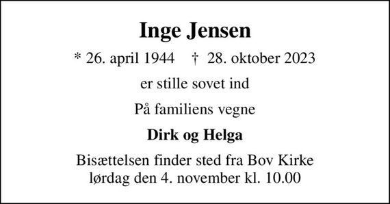Inge Jensen | Dødsannoncer i Danmark