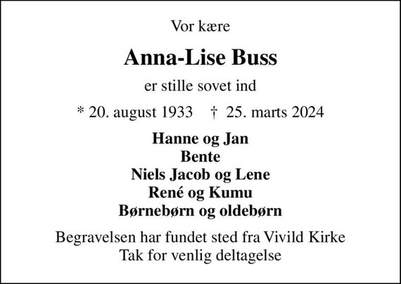 Anna-Lise Buss | Dødsannoncer i Danmark