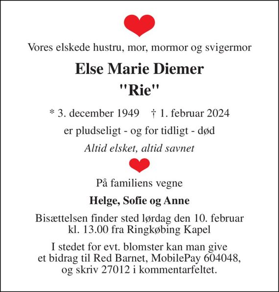 Else Marie Diemer | Dødsannoncer i Danmark Else Marie Diemer | Dødsannoncer i Danmark