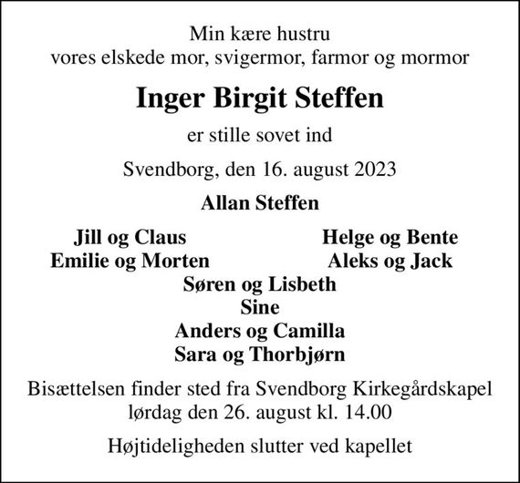 Inger Birgit Steffen | Dødsannoncer i Danmark