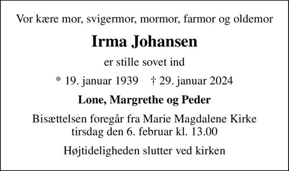 Irma Johansen | Dødsannoncer i Danmark