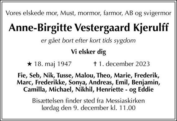 Anne-Birgitte Vestergaard Kjerulff | Dødsannoncer i Danmark