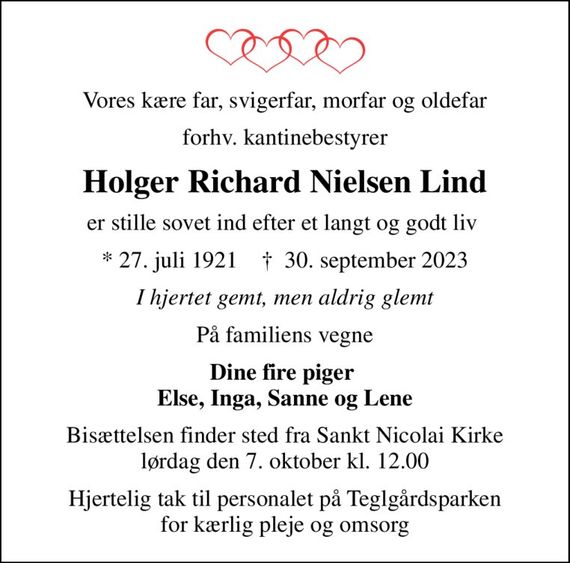 Holger Richard Nielsen Lind | Dødsannoncer i Danmark
