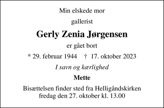 Gerly Zenia Jørgensen | Dødsannoncer i Danmark