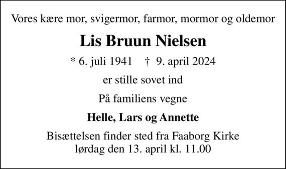 Lis Nielsen | Dødsannoncer i Danmark