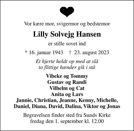 Lilly Solveig Hansen | Dødsannoncer i Danmark