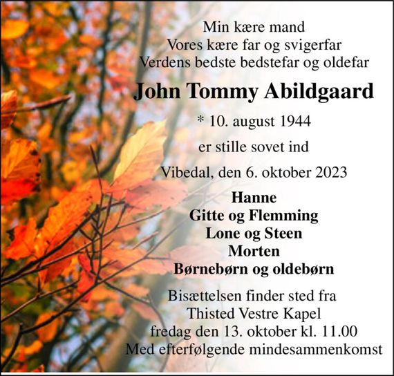 John Tommy Abildgaard | Dødsannoncer i Danmark