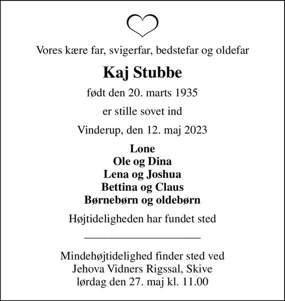 Kaj Stubbe | Dødsannoncer i Danmark