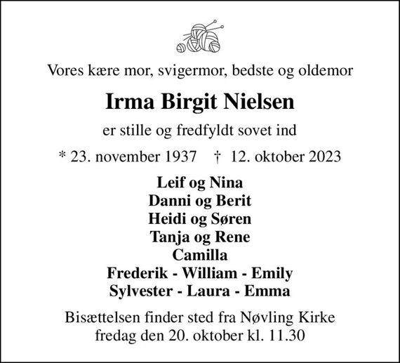 Irma Birgit Nielsen | Dødsannoncer i Danmark