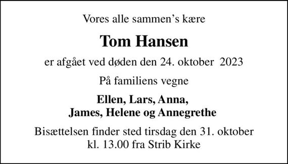 Tom Hansen | Dødsannoncer i Danmark