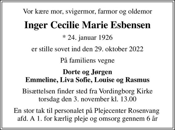 Inger Cecilie Marie Esbensen | Dødsannoncer i Danmark