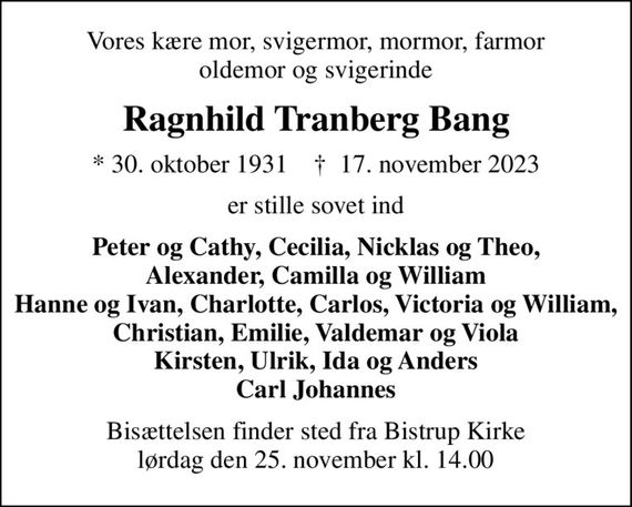 Ragnhild Tranberg Bang | Dødsannoncer i Danmark