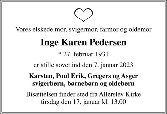 Inge Karen Pedersen | Dødsannoncer i Danmark