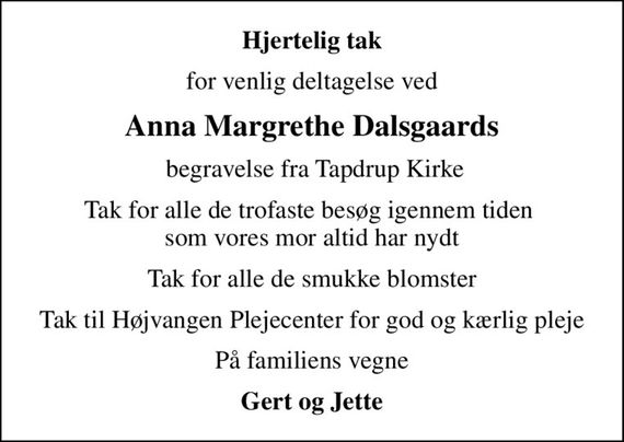 Anna Margrethe Dalsgaard | Dødsannoncer i Danmark