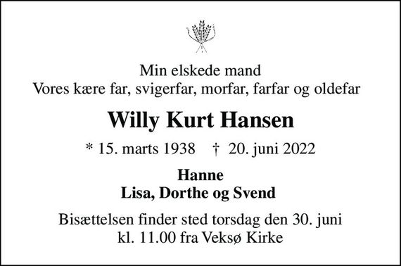 Willy Kurt Hansen | Dødsannoncer i Danmark
