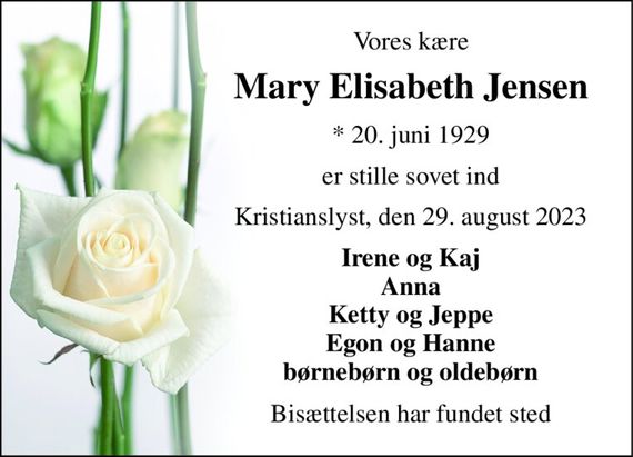 Mary Elisabeth Jensen | Dødsannoncer i Danmark Mary Elisabeth Jensen | Dødsannoncer i Danmark