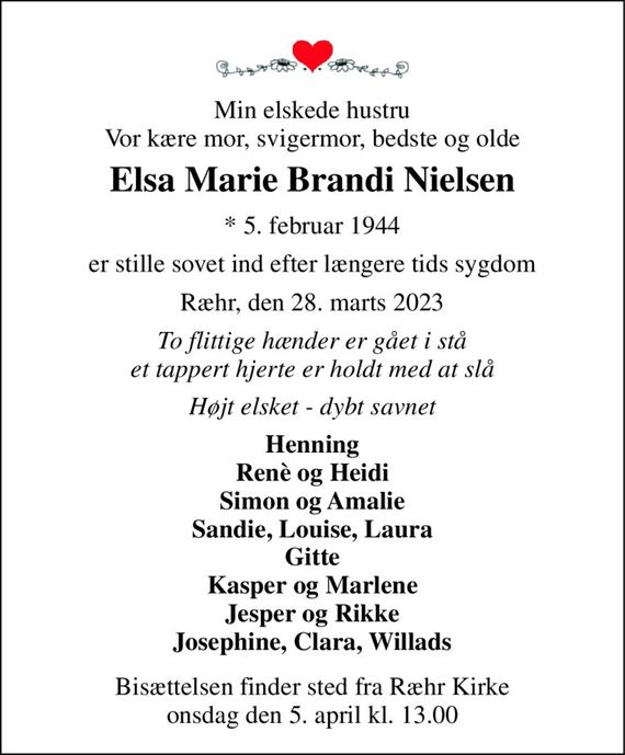 Elsa Marie Brandi Nielsen | Dødsannoncer i Danmark