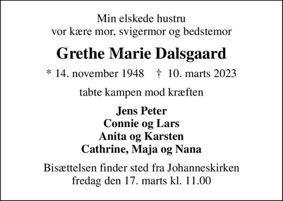 Grethe Marie Dalsgaard | Dødsannoncer i Danmark