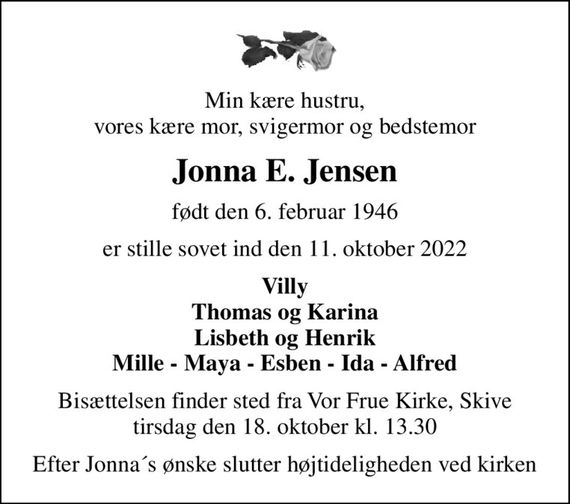 Jonna Elisabeth Jensen | Dødsannoncer i Danmark Jonna Elisabeth Jensen | Dødsannoncer i Danmark