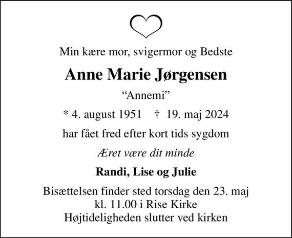 Anne Marie Jørgensen | Dødsannoncer i Danmark
