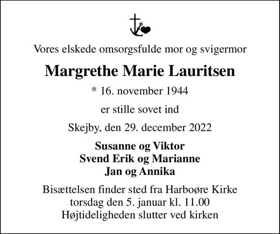 Margrethe Marie Lauritsen | Dødsannoncer i Danmark