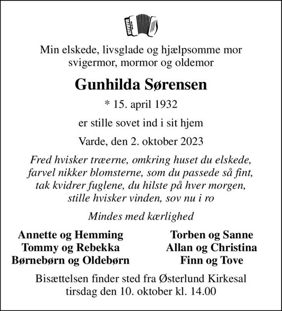 Gunhilda Sørensen | Dødsannoncer i Danmark