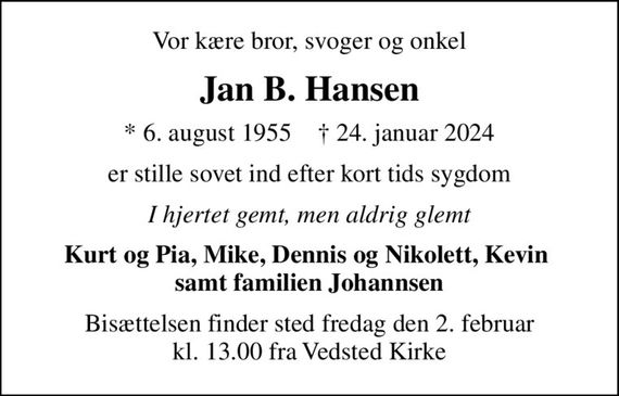Jan Bjarne Hansen | Dødsannoncer i Danmark