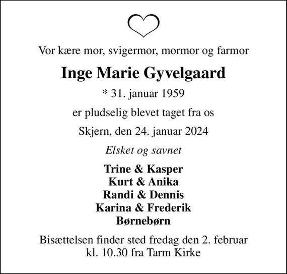 Inge Marie Gyvelgaard | Dødsannoncer i Danmark