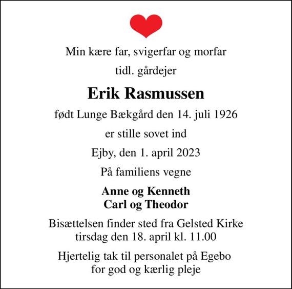 Erik Rasmussen | Dødsannoncer i Danmark